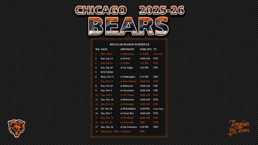 2025-2026 Chicago Bears Wallpaper Schedule