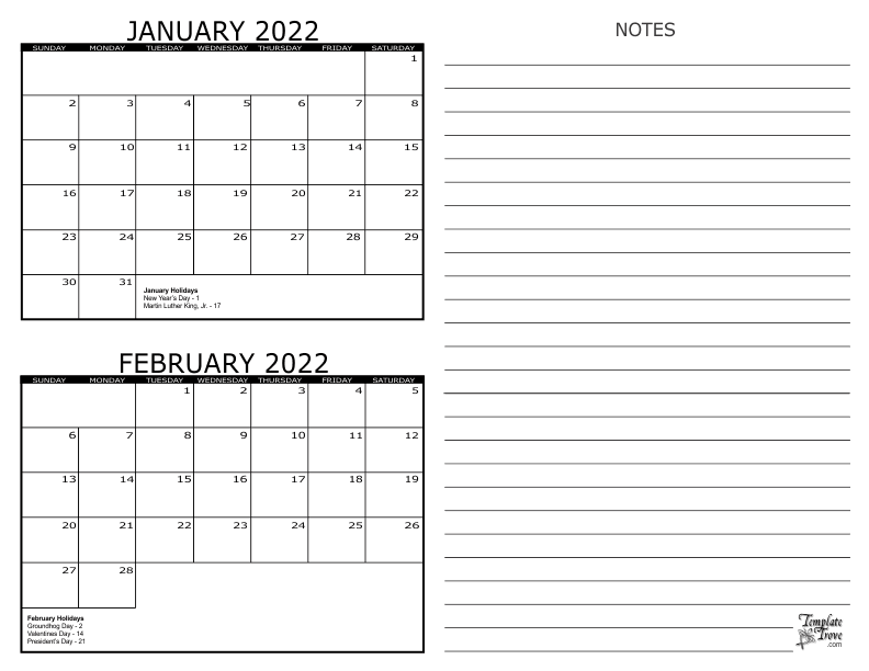 2 Month Calendar 2022
