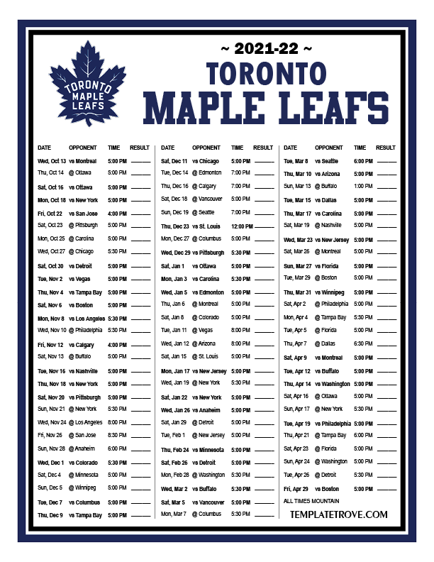 Printable 2021 2022 Toronto Maple Leafs Schedule Printable 2021 2022 Toronto Maple Leafs Schedule