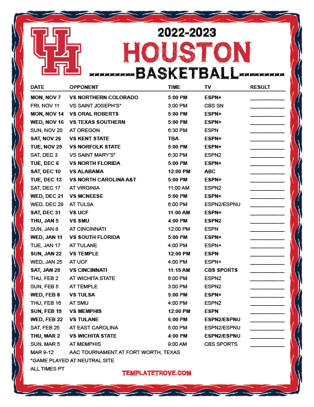 Printable 2022 2023 Houston Cougars Basketball Schedule