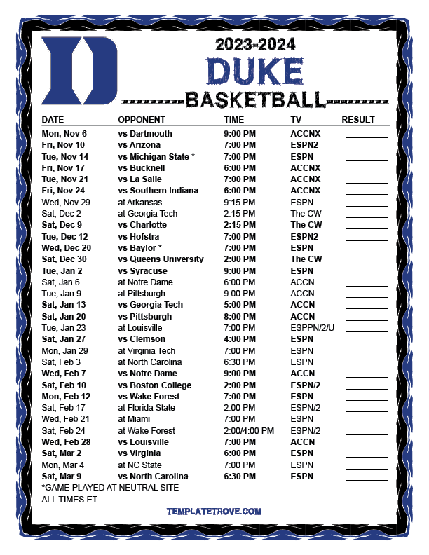 Printable 2023 2024 Duke Blue Devils Basketball Schedule Printable 2023 2024 Duke Blue Devils Basketball Schedule