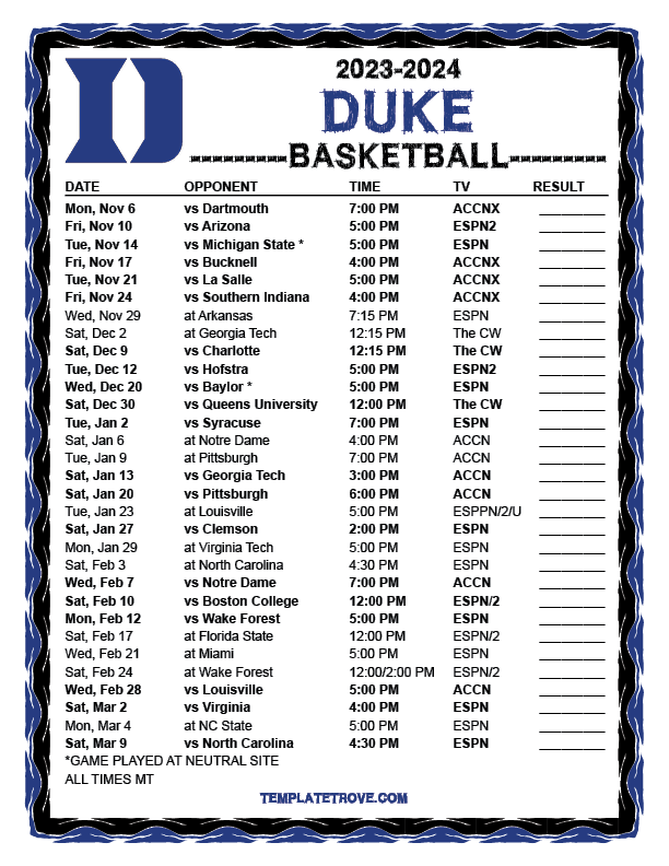 Printable 2023 2024 Duke Blue Devils Basketball Schedule Printable 2023 2024 Duke Blue Devils Basketball Schedule