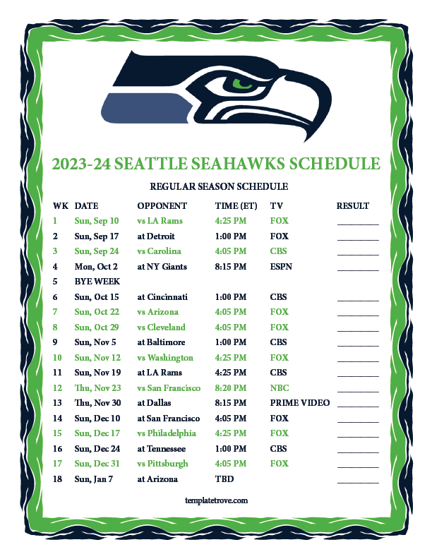Printable 2023 2024 Seattle Seahawks Schedule Printable 2023 2024 Seattle Seahawks Schedule