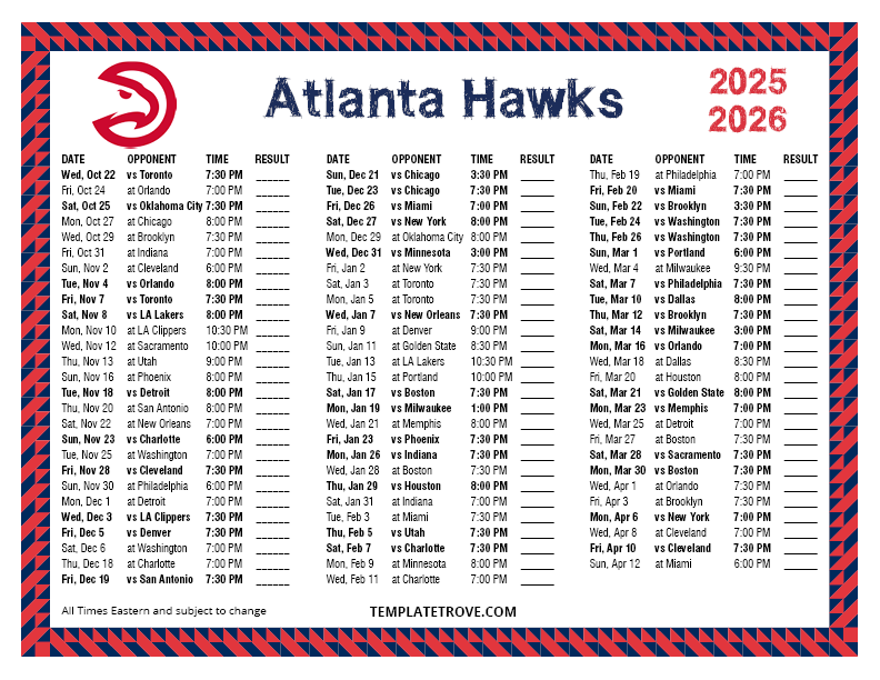 Printable 2025-2026 Atlanta Hawks Schedule