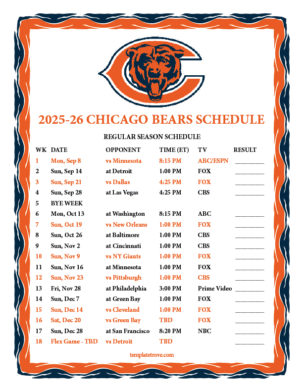 Printable 2025-2026 Chicago Bears Schedule