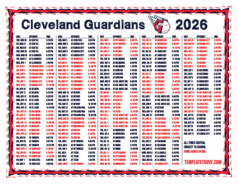 Printable 2026 Cleveland Guardians Schedule