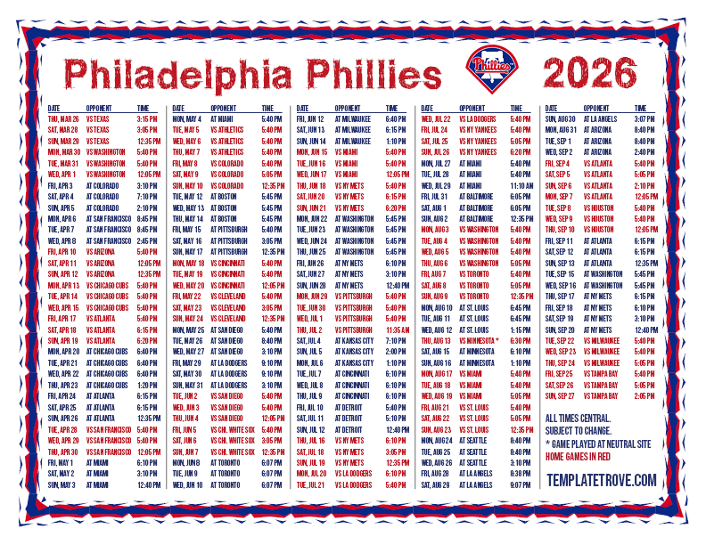 Printable 2026 Philadelphia Phillies Schedule