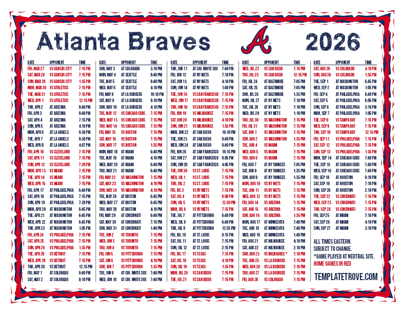 Printable 2026 Atlanta Braves Schedule