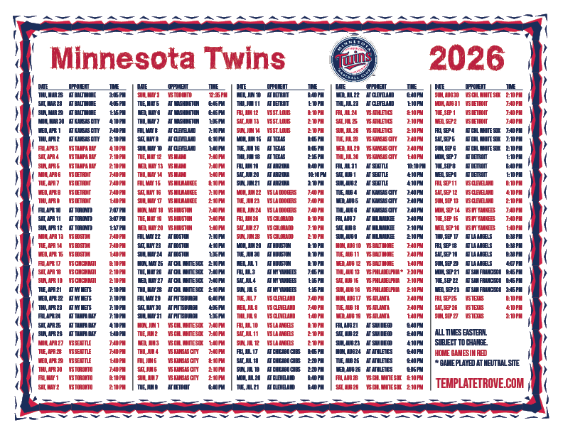 Printable 2026 Minnesota Twins Schedule