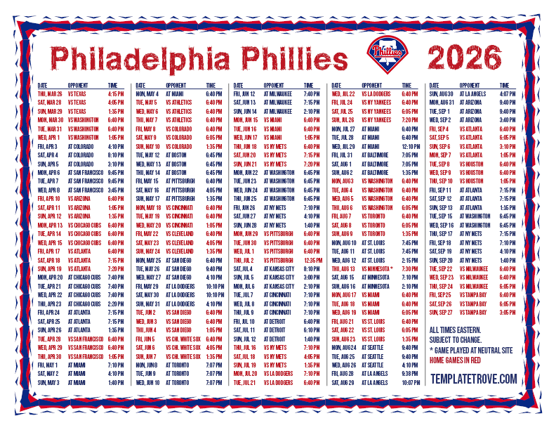 Printable 2026 Philadelphia Phillies Schedule