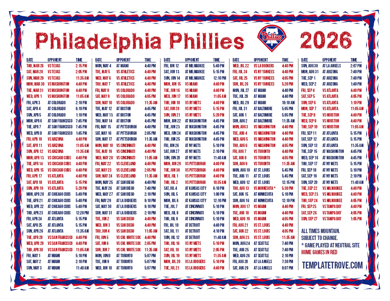 Printable 2026 Philadelphia Phillies Schedule