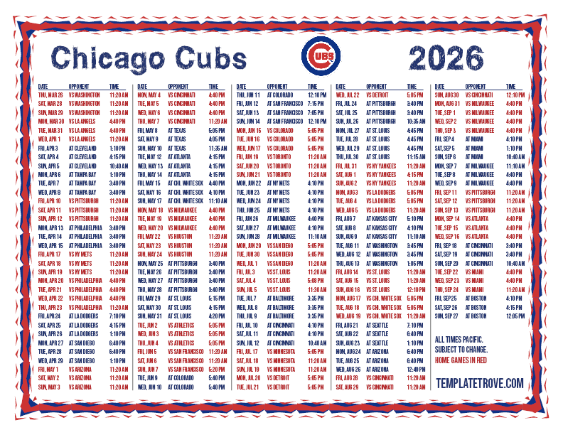 Printable 2026 Chicago Cubs Schedule