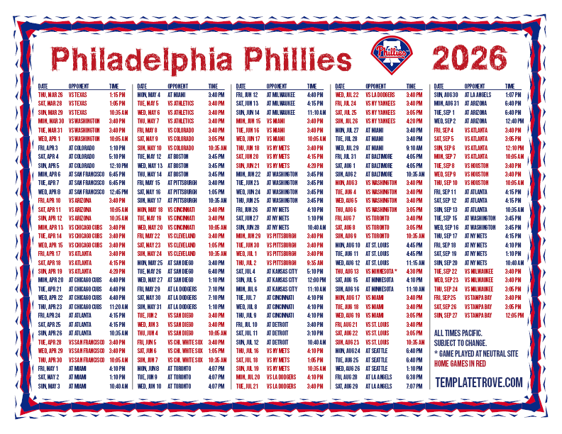 Printable 2026 Philadelphia Phillies Schedule