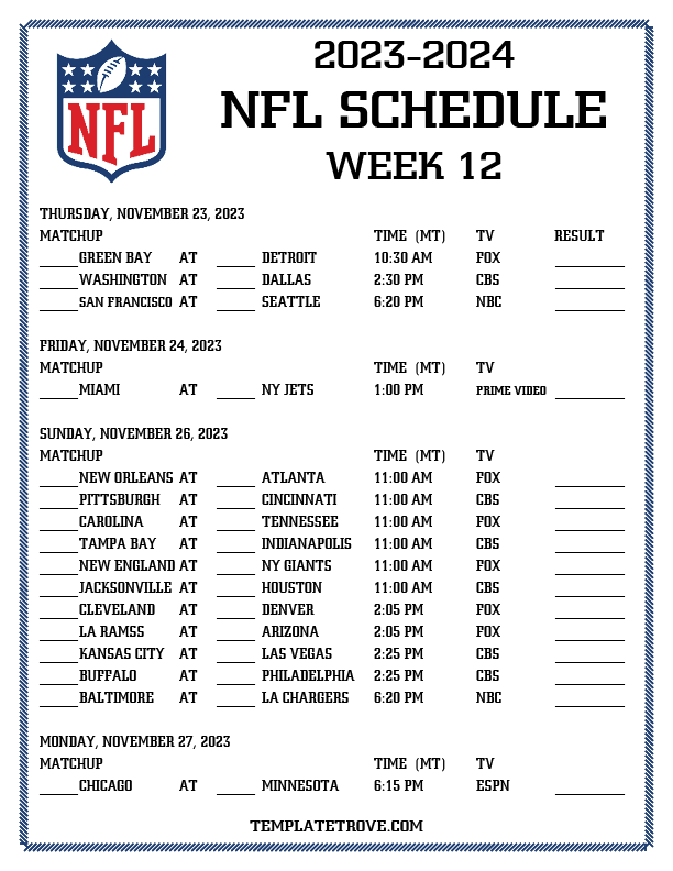 Printable 2023 2024 NFL Schedule Week 12 Printable 2023 2024 NFL Schedule Week 12