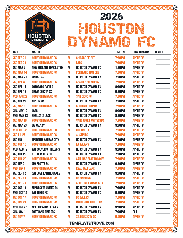 Printable 2026 Houston Dynamo FC Soccer Schedule