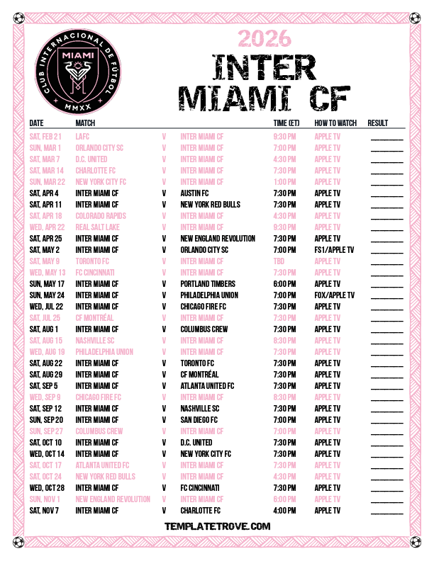 Printable 2026 Inter Miami CF Soccer Schedule