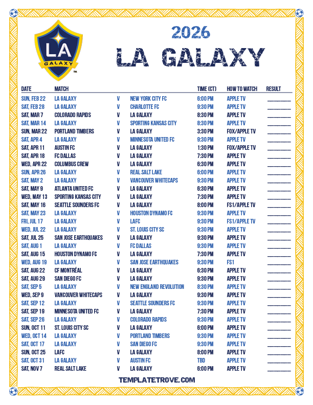 Printable 2026 LA Galaxy Soccer Schedule