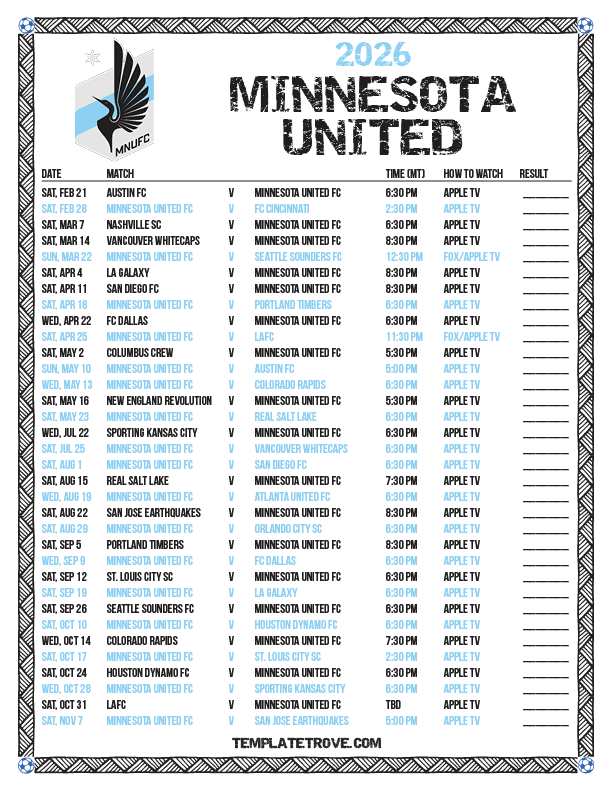 Printable 2026 Minnesota United Soccer Schedule