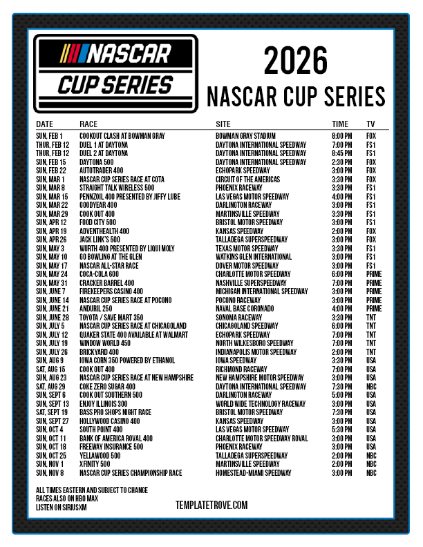 Printable 2026 NASCAR Schedule