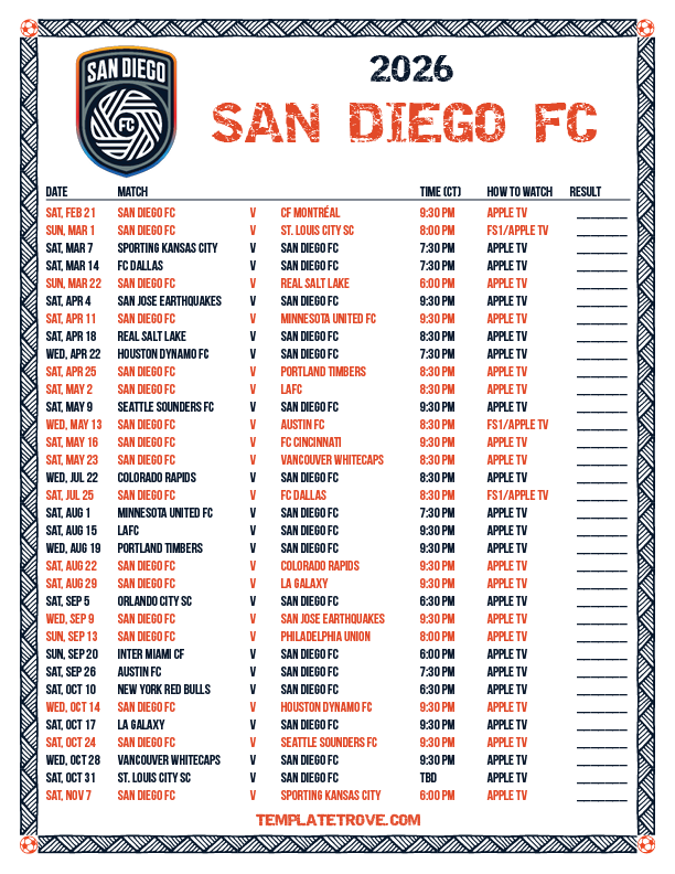 Printable 2026 San Diego FC Soccer Schedule