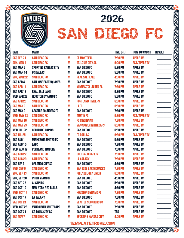 Printable 2026 San Diego FC Soccer Schedule