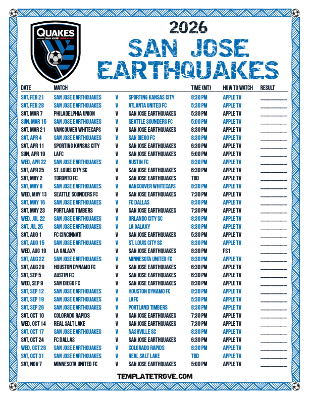 Printable 2026 San Jose Earthquakes Soccer Schedule